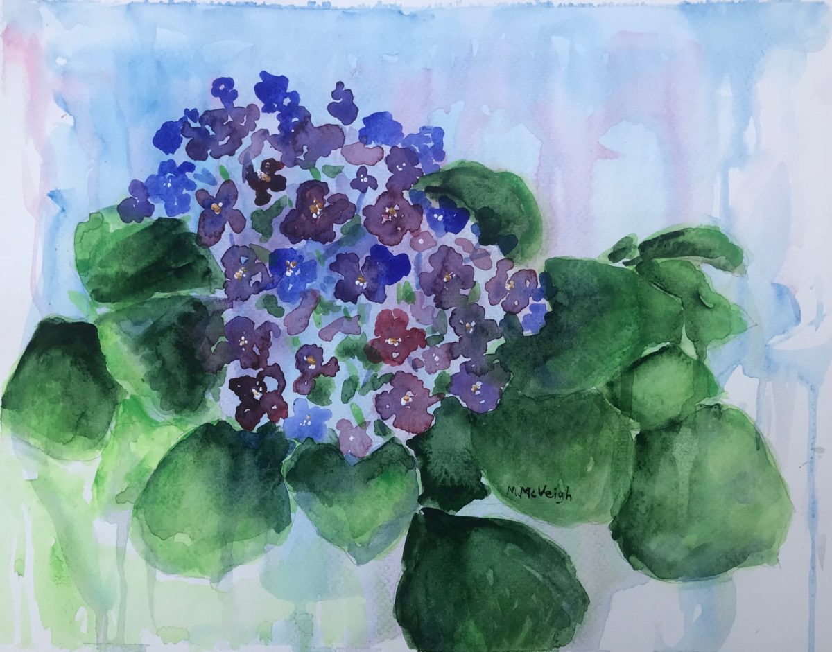 African Violets Original Watercolor - watercolor and acrylic, in Flowers